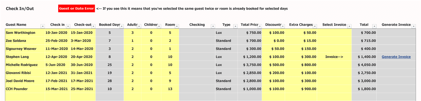 Hotel Booking Excel Template - Easy to Use Template for Hotels ...